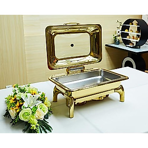 Luxury Thicken Gold Chafing Dish Buffet Set,Stainless Steel Chafer for Catering in Glass Lid, Chafers and Buffet Warmer Sets w/Food & Water Pan,Lid,Frame,Fuel Holder (Rectangle 9QT)-2 Half Size Tray