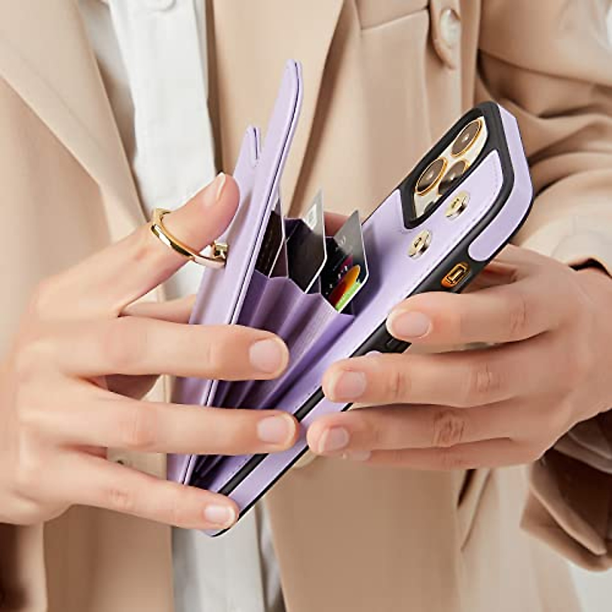 Elteker Phone Case Compatible with iPhone 14 Pro Case with Card Holder,RFID Blocking Wallet Case for Women with Ring-Holder Case for iPhone 14 Pro - Purple