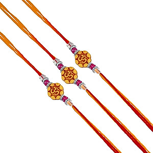 JAGMOR Om Pendant & Pink Beads Rakhi for Brother, Handmade Rakhi, Rakhee Bracelet for Brother, Rakhi for Bhai, Rakhi Bracelet for Sister, Bhaiya Bhabhi Rakhi, Indian Rakhi, Set of 3 rakhi