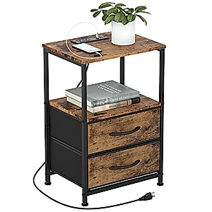 DOMYDEVM Nightstand with Charging Station, End Side Table with USB Ports and Outlets, Industrial Bedside Table with 2 Fabric Storage Drawers for Bedroom Living Room Dorm, Brown