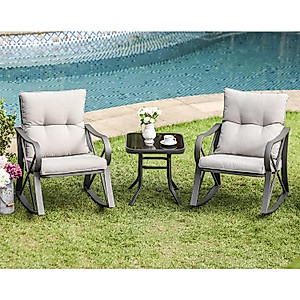 COSIEST 3 Piece Bistro Set Patio Rocking Chairs Outdoor Furniture w Warm Gray Cushions, Glass-Top Table for Garden, Pool, Backyard