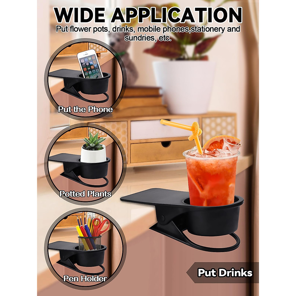 3PCS Drinking Cup Holder Clip, Kalolary Chair Desk Bottle Cup Stand DIY Glass Clamp Storage Saucer Clip for Potted Plant Beverage Soda Coffee Mug Holder Clip for Home & Office (Black)