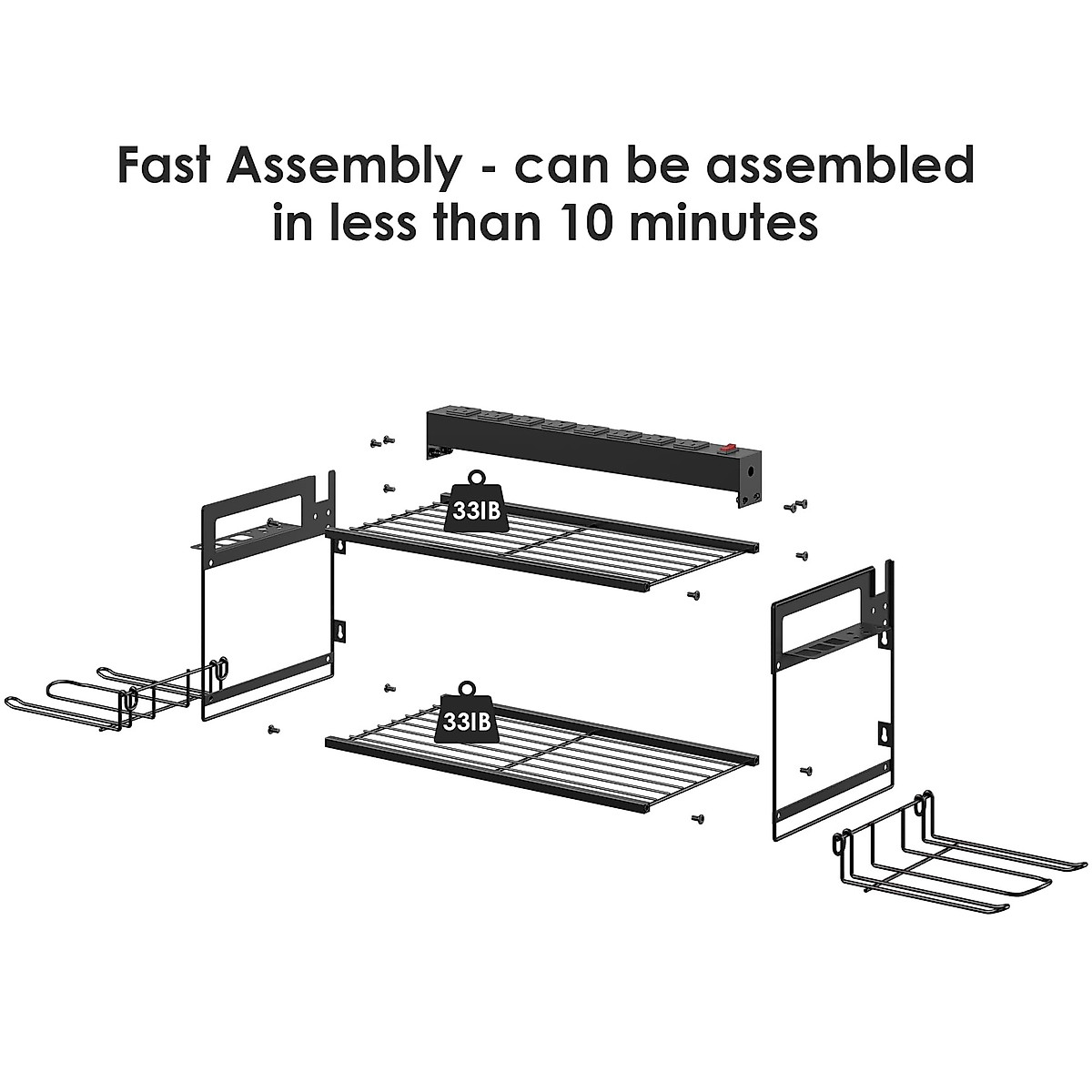 CCCEI Garage Tools Storage with Charging Station. Power Tool Battery Organizer Utility Shelf with Power Strip. 4 Drills Holder Wall Mount Rack, Black.
