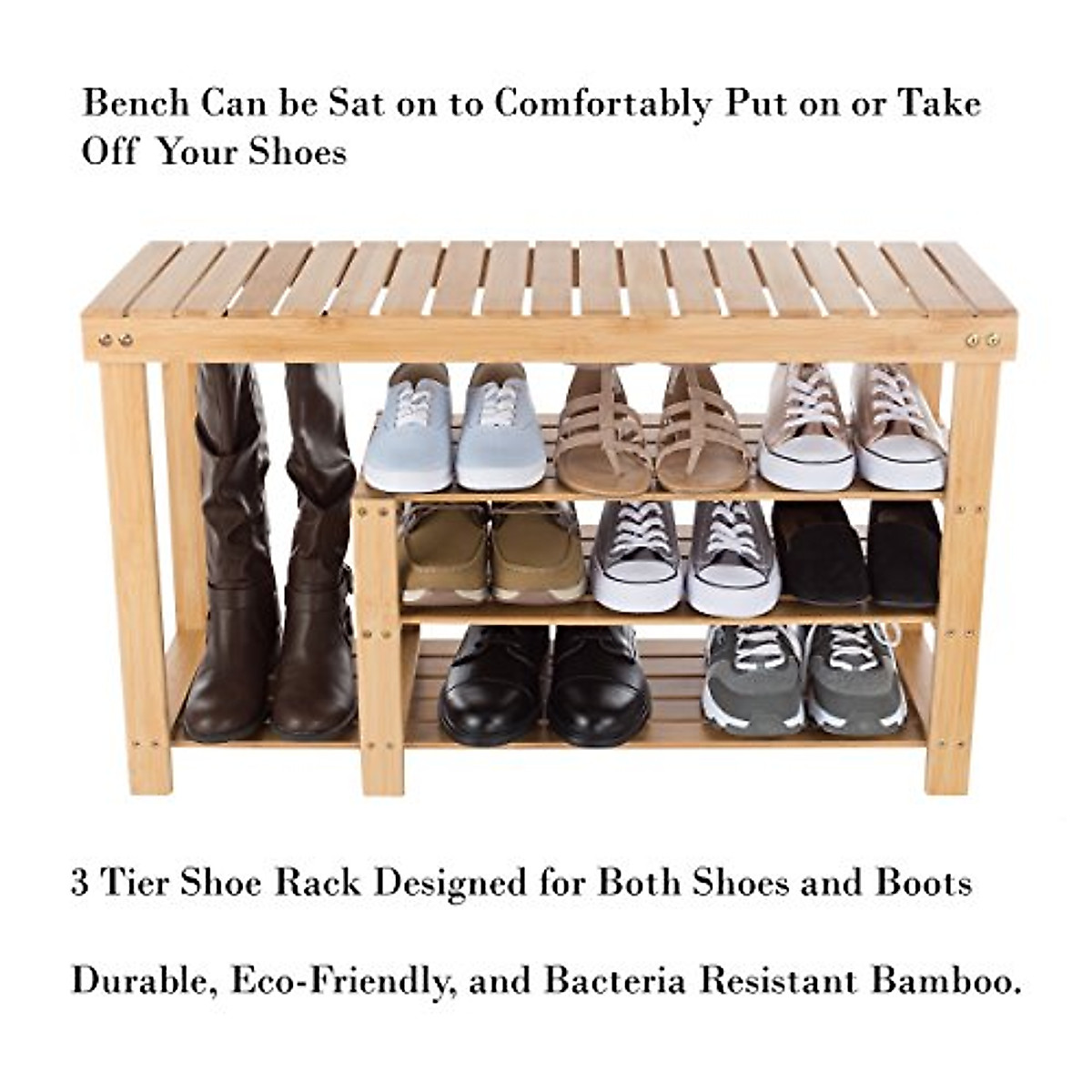 Lavish Home 3-Tier Bamboo Shoe Rack – Mud Room Organization and Storage Bench with Natural Wood Seat for Boots and Sneakers, Brown