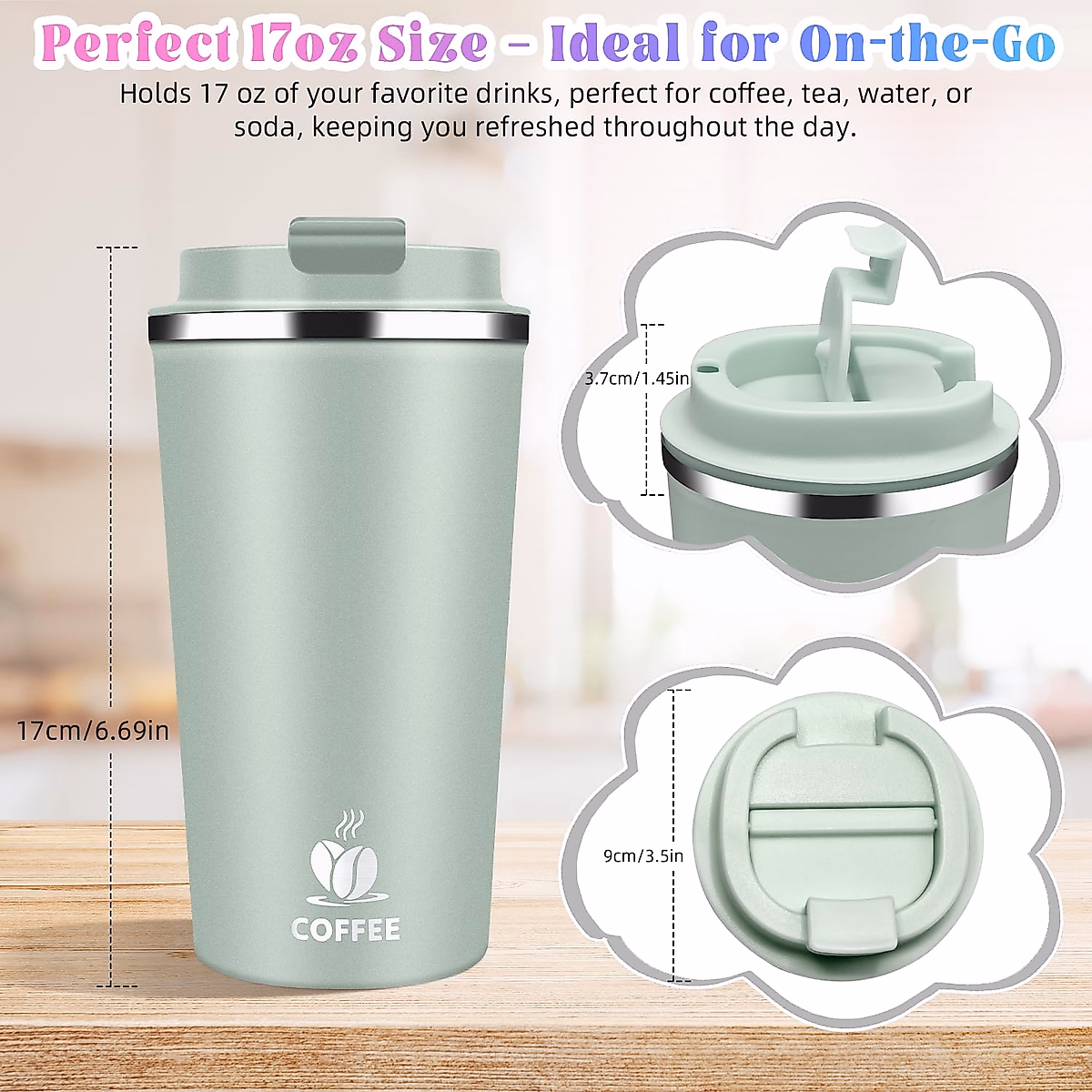 17oz Insulated Travel Coffee Mug with Flip Lid – Leakproof Stainless Steel Insulated Coffee Tumblers, Portable Thermos Cup for Hot & Cold Drinks, Perfect for Camping & On-the-Go