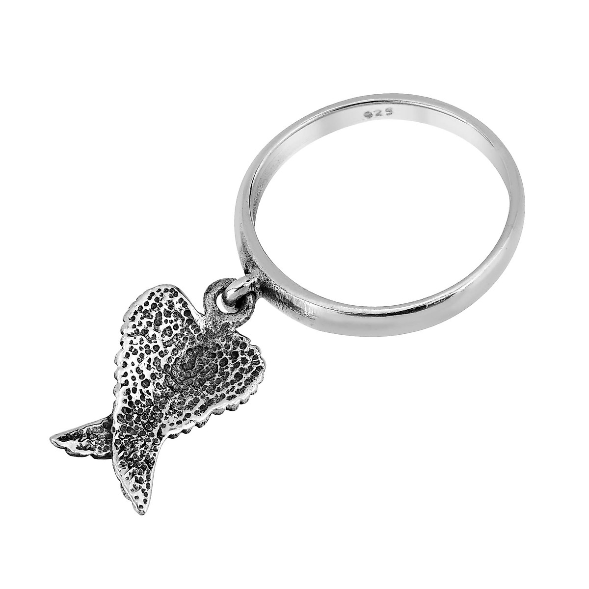 AeraVida Elegant Iconic Heart Shape Angel Wing .925 Sterling Silver Dangle Ring | Statement Fashion, Promise Ring, Couple Unisex Ring | Size 7