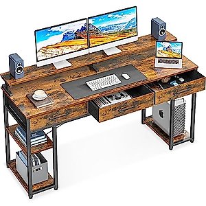 ODK Computer Desk with Drawers and Storage Shelves, 63 inch Home Office Desk with Monitor Stand, Modern Work Study Writing Table Desk for Small Spaces, Vintage
