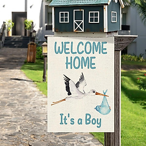 DLZDN Welcome Home Baby Boy Garden Flag Baby Shower Garden Flag 12×18 Inch Double Sided Burlap Flag Newborn Gender Reveal Lawn Yard Sign Stork Outdoor Decoration