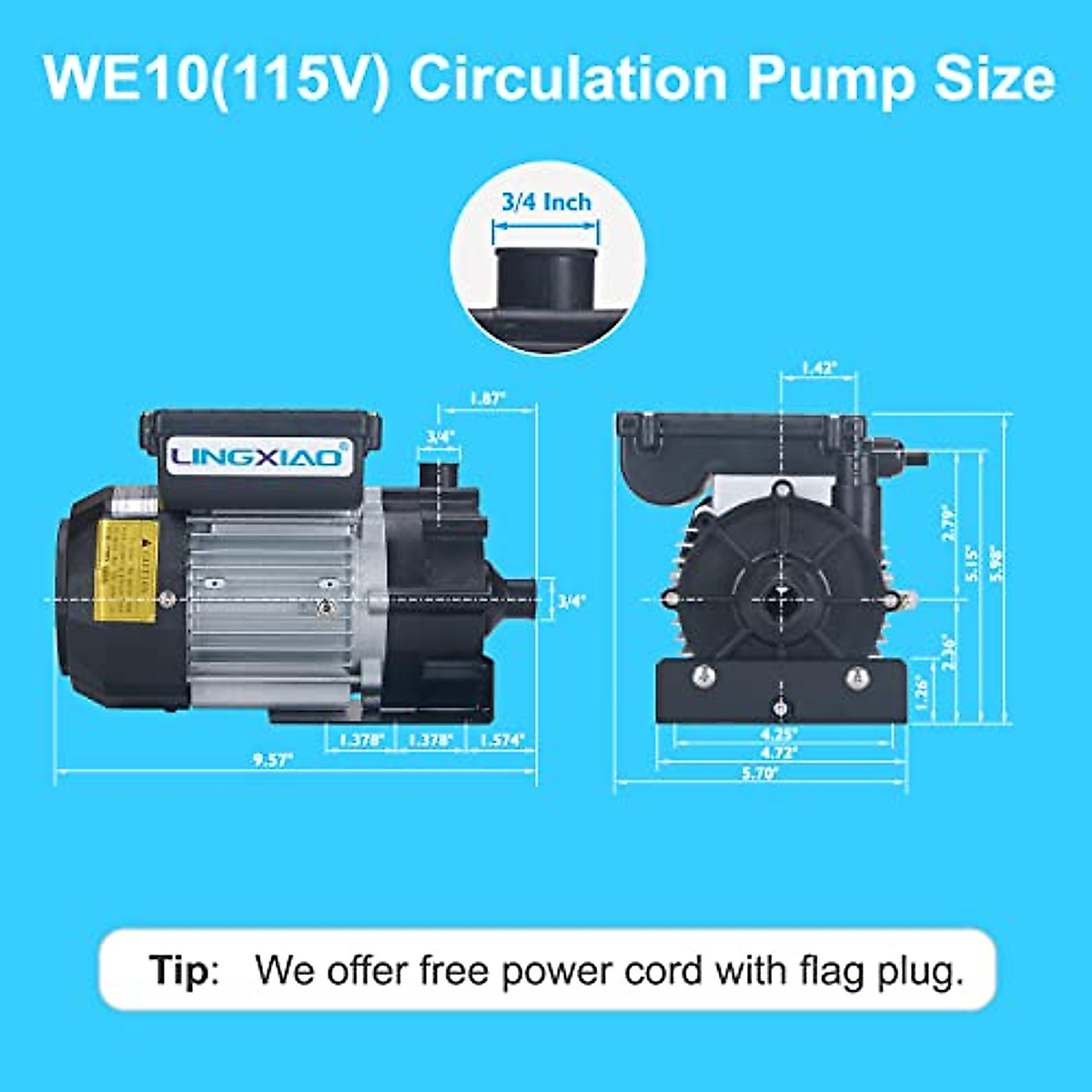 LINGXIAO WE10 SPA Circulation Pump, Hot Tub Circulation Pump, LX Pump Motor 115V, 0.25HP, 3/4" Port Compatible with OEM E5/E10 - Model: WE10(115V)