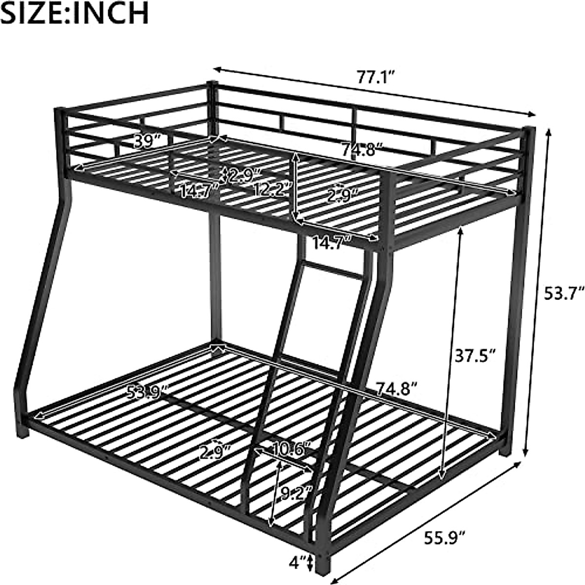 DNYN Twin Over Full Metal Bunk Bed with Safety Guardrail & Ladder for Kids/Adults,Floor Bunkbeds,Sturdy Steel Bedframe,No Box Spring Need,Perfect for Dorm,Bedroom,Guest Room,77.1"x55.9"x53.7", Black