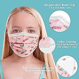 Assacalynn Disposable Kids Face Mask 50 Pcs Pink, Breathable Lightweight Kids Masks for Boys Girls, Masks for Kids with Cute Pink Cartoon Pattern