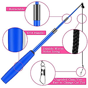 Oziral Cat Teaser, 15PCS Retractable Cat Toy Feather Teaser Cat Toy Cat Wand Feather Interactive Toys with Bells and Feather Refills Set for Indoor Cat and Kitten Exercise