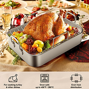 Roasting Pan, Deedro 17*13 Inch Stainless Steel Turkey Roaster with Rack - Deep Broiling Pan & V-shaped Rack & Flat Rack, Non-toxic & Heavy Duty, Great for Thanksgiving Christmas Roast Chicken Lasagna