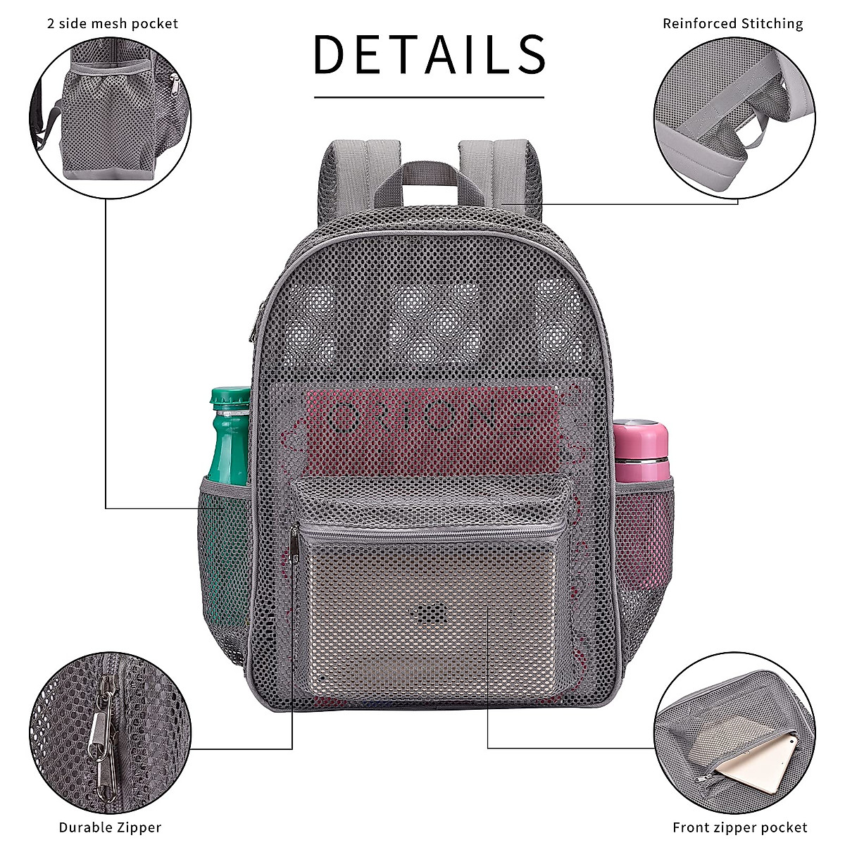 USPECLARE Heavy Duty Semi-Transparent Mesh Backpack，See Through College Student Backpack (Grey)