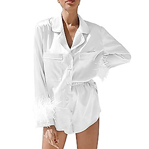 Women 's 2 PCS Feather Silk Pajamas Set Long Sleeve Buttons Down Shirt Top Short Pants Sleepwear PJs (White, Small)