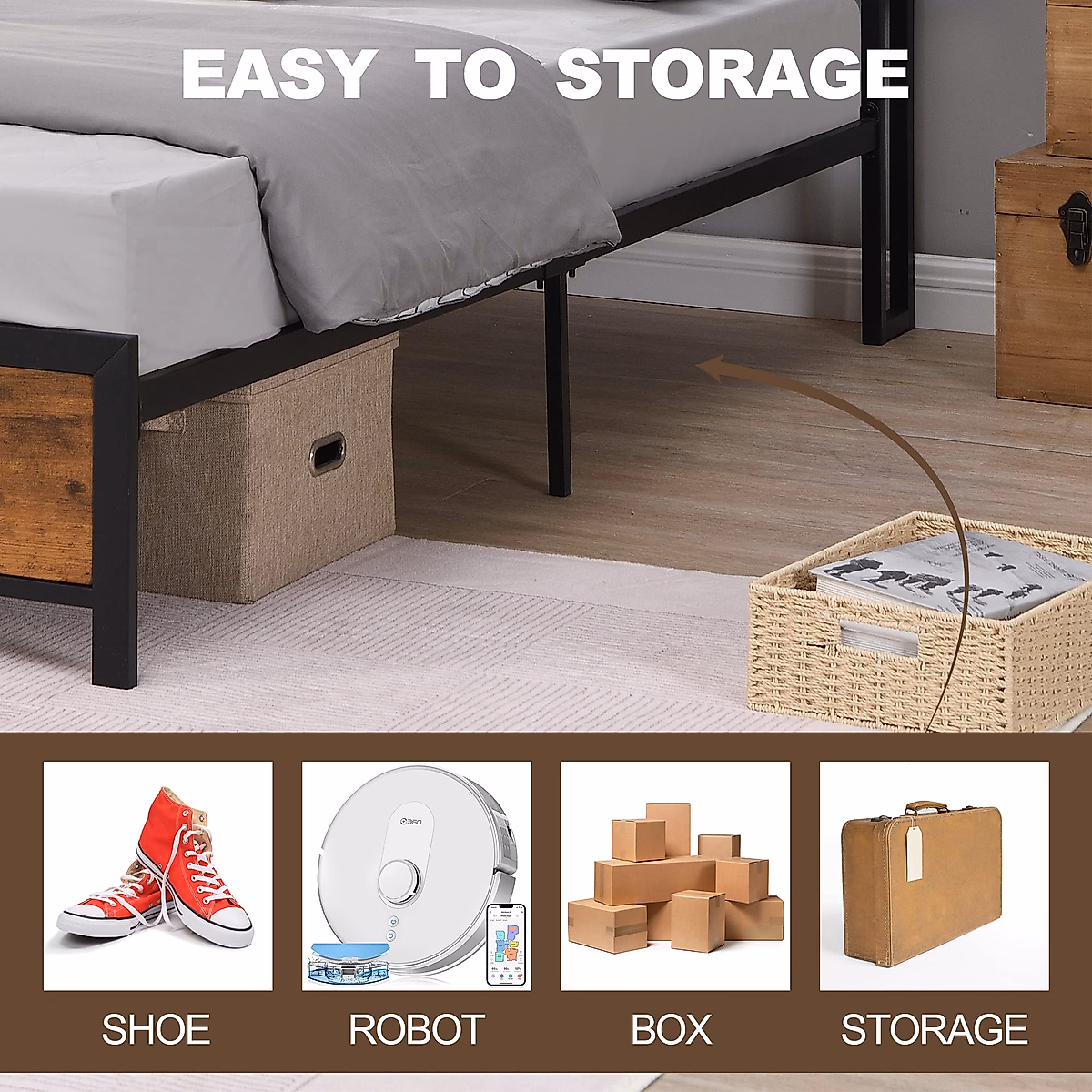 Ucloveria Queen Size Bed Frame with LED Lights and 2 USB Ports, Industrial Bed Frame Queen Size with 2-Tier Storage Wooden Headboard, Noise Free, No Box Spring Needed, Rustic Brown