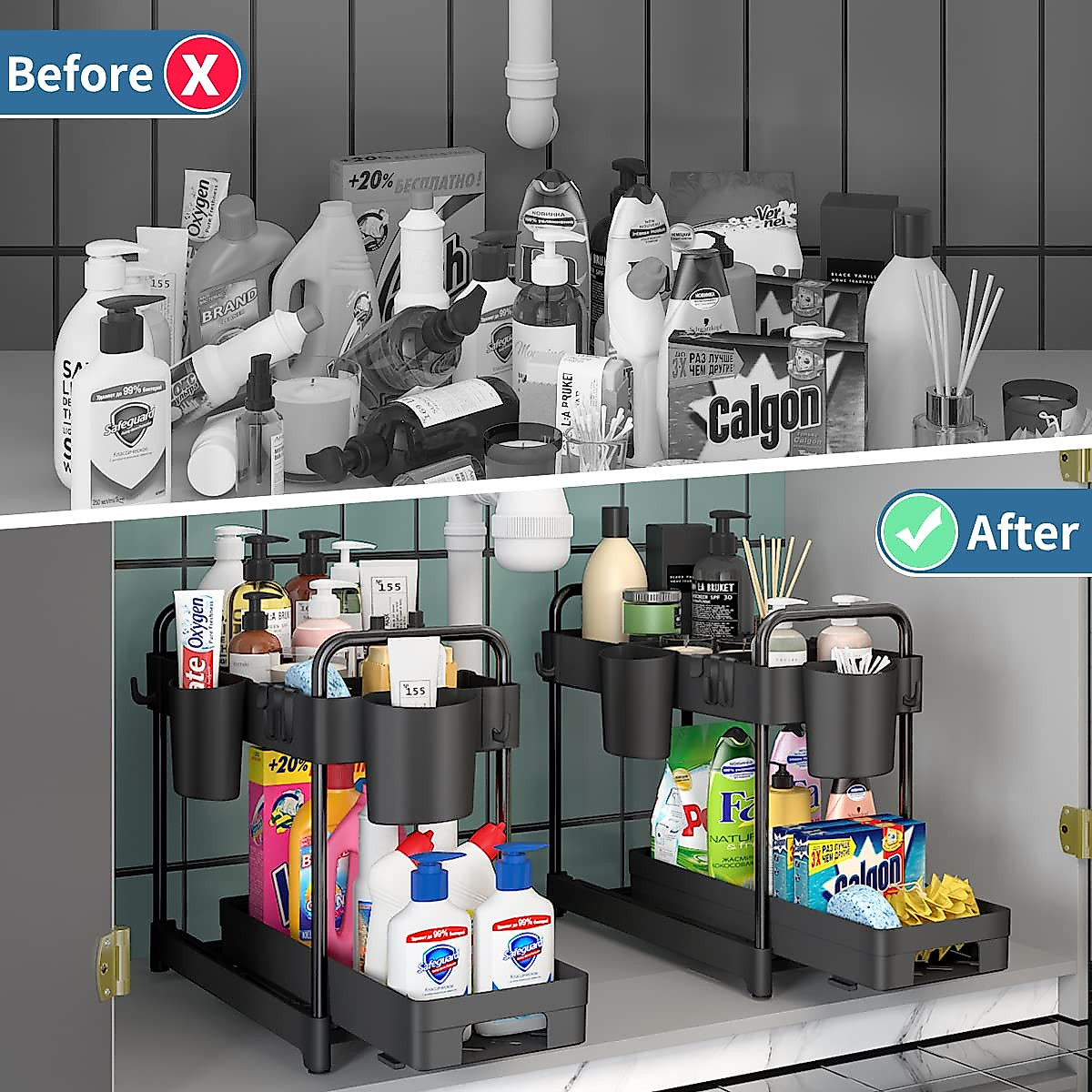 2 Pack Under Sink Organizers and Storage, 2 Tier Under Sliding Cabinet Basket Organizer with Hanging Cups,Hooks,Dividers,Handles,Multi-Purpose Storage Drawer Basket Organizer for Kitchen Bathroom