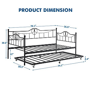 IDEALHOUSE Twin Bed with Trundle, Twin Daybed Metal Guest Sofa Bed Frame for Living Room, Bedroom, Heavy Duty, No Box Spring Needed, Space Saving, Black