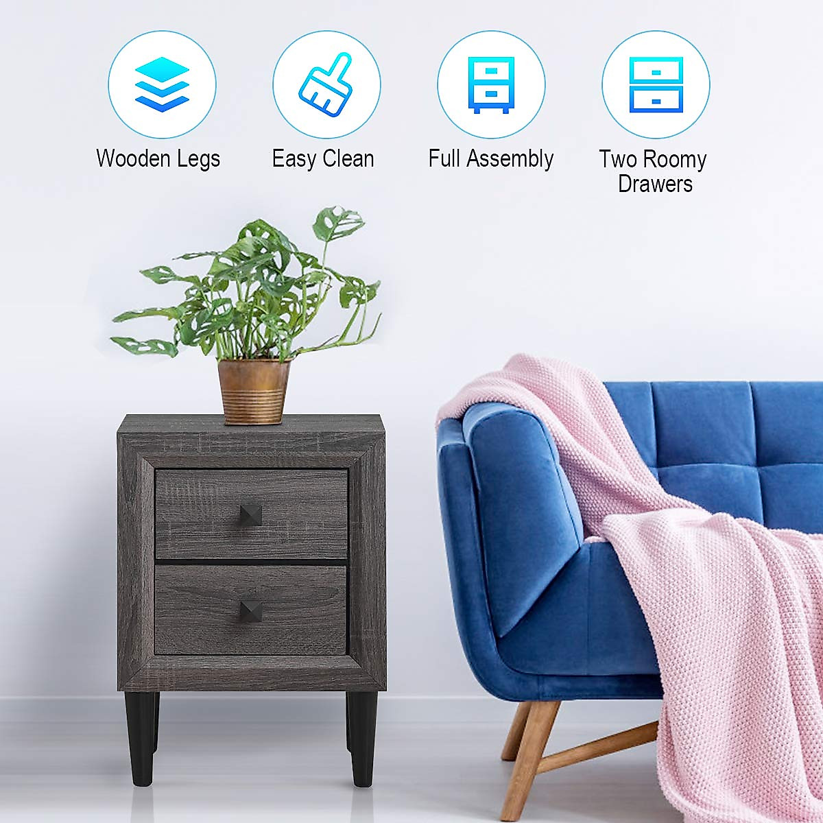 Giantex Nightstand with Drawer, Fully-Assembled 2-Drawer Bedside Tables with Solid Wood Legs for Bedroom, Modern Night Stand Side Table for Small Space Living Room, Grey