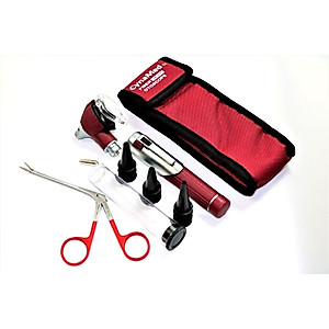 Premium Student Home Use Led Bright Light ENT Diagnostic Otoscope Pocket Size Burgundy Plus Alligator Ear Nose Forceps Plus 1 Extra Replacement Bulb Cynamed