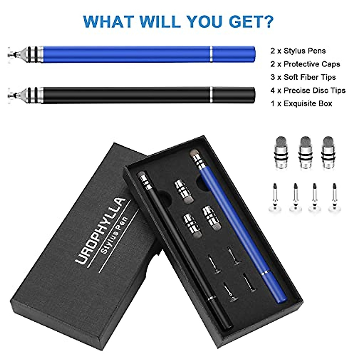 Modern Stylus Pens for Touch Screens Fine Point, 100% Stainless-Steel Fine Tip Stylus Pen, Stylist Pen for iPad, iPhone, Tablet, Laptop, Android, Samsung, Kindle with 7 Replacement Tips (Black/Blue)