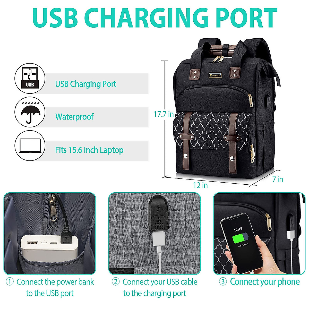 Kuosdaz Laptop Backpack for Women Men, 17.3 Inch School Backpacks with USB Charging Port, Wide Open Large Backpack, Casual Daypacks for Travel College, Black