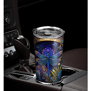 20oz Blue Stained Glass Mosaic Crystal Dragonfly Tumbler, Gifts for Dragonfly Lovers, Coffee Thermos for Women, Stainless Steel Double Wall Vacuum Insulated Coffee Mug, Travel Cup with Lid - D