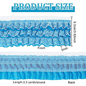 BENECREAT 2.5 Yards 3-Layer Ruffle Lace Pleated Trim, 3-5/8 inch Wide Chiffon Flower Trim Gathered Ribbon for Valentines Decor, Wedding Applique Clothing Sewing Craft DIY, Blue