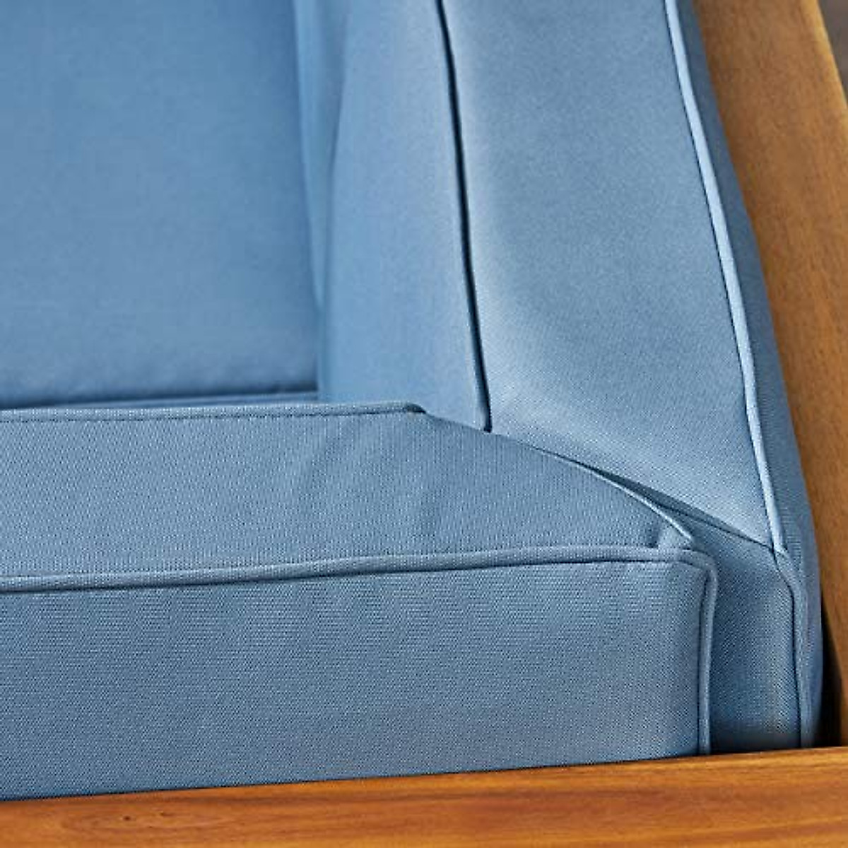 Great Deal Furniture GDFStudio Outdoor Acacia Wood 10 Seater U-Shaped Sectional Sofa Set with Fire Pit, Teak, Blue and, Light Gray