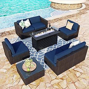 MFSTUDIO 8 Pieces Patio Furniture Set with 45" Plate Embossing Propane Fire Table,Outdoor PE Rattan Sectional Sofa Gas Pit Conversation Blue Cushions & Glass Table