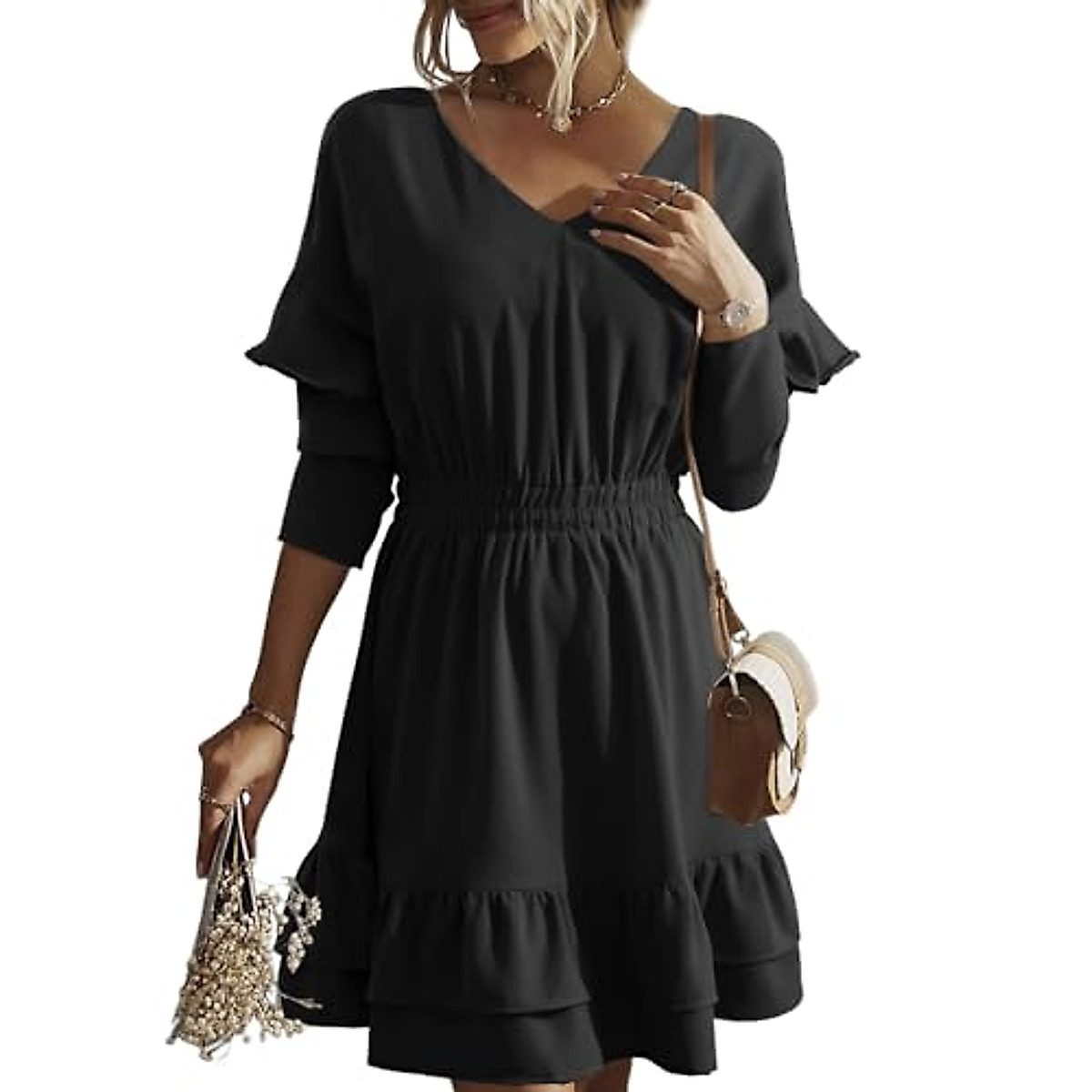 Dokotoo Womens Short Dresses 2023 Casual Spring Summer V-Neck Long Baggy Sleeve Fall Ruffle Dress A Line Swing Skater Tunic Mini Dresses Black Dress Small