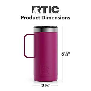 RTIC 16 oz Coffee Travel Mug with Lid and Handle, Stainless Steel Vacuum-Insulated Mugs, Leak, Spill Proof, Hot Beverage and Cold, Portable Thermal Tumbler Cup for Car, Camping, Very Berry