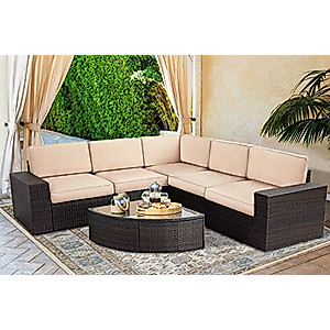 SOLAURA 6 Pieces Patio Furniture, Patio Sectional Sofa All-Weather PE Wicker Modular Outdoor Furniture Patio Conversation Set with Glass Coffee Table (Brown)
