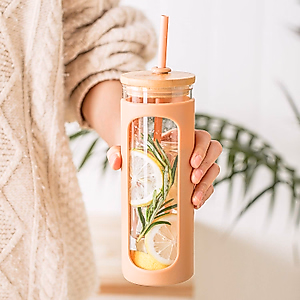 Kodrine 24 oz Glass Water Bottle with Bamboo Straw and Lid, Wide Mouth Water Tumbler,Straw Silicone Protective Sleeve BPA FREE-Amber