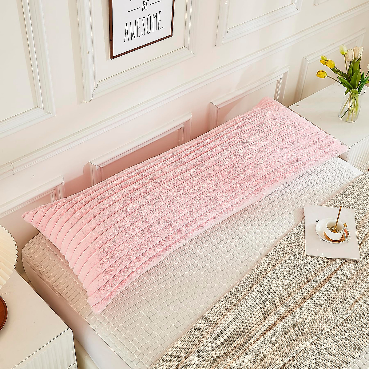 JAUXIO Faux Fur Fluffy Body Pillow Cover Luxury Striped Plush Decorative Body Pillowcase, Ultra Soft and Cozy Zipper Closure 21 x 54 Inches, Pink