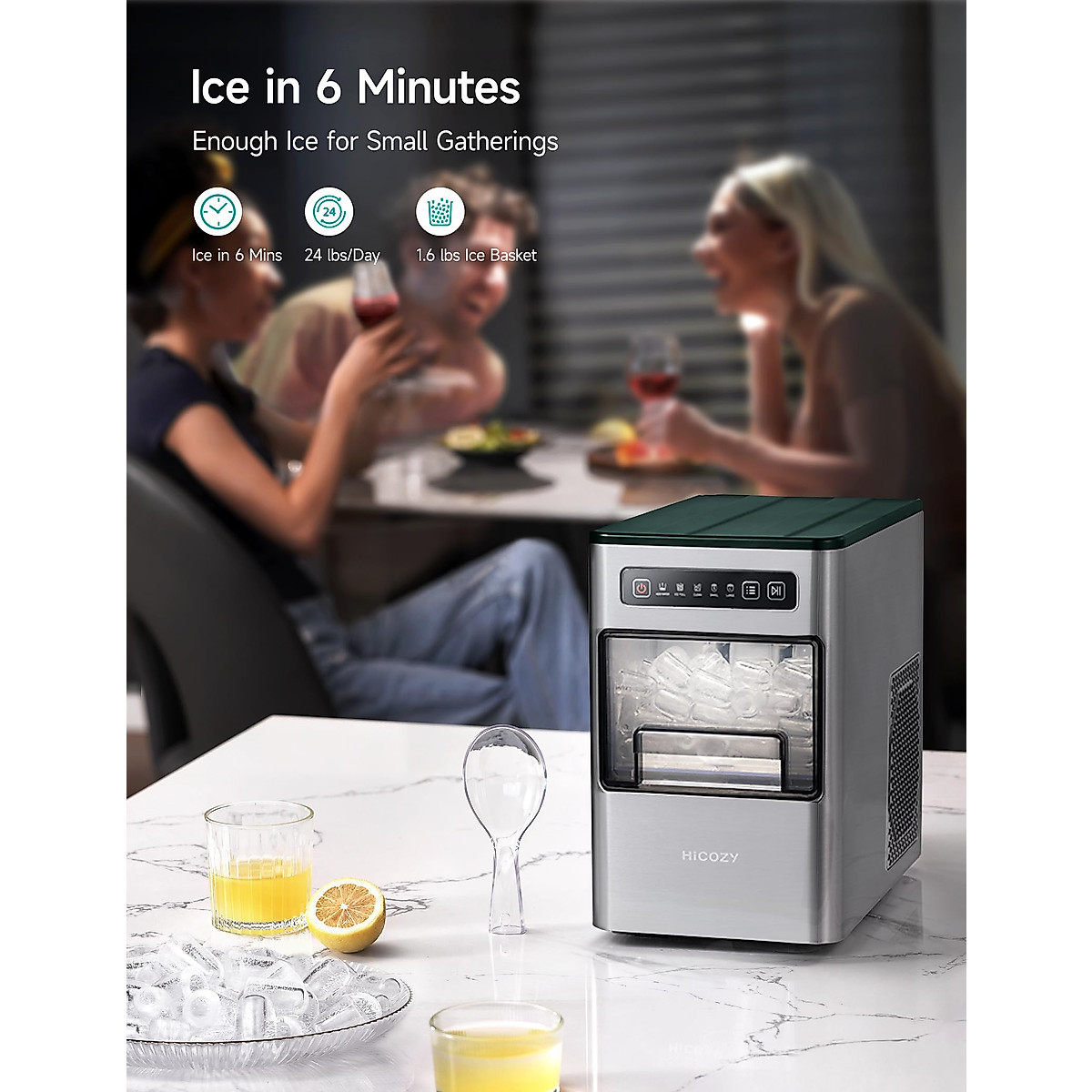 HiCOZY Countertop Ice Maker, Ice in 6 Mins, 24 lbs/Day, Portable & Compact Gift with Self-Cleaning, for Apartment/Cabinet/Kitchen/Office/Camping/RV（Gray Green）
