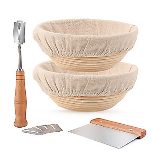 DOYOLLA Proofing Baskets for Sourdough Bread Making, Dough Proofing Bowls Kit with Cloth Liner + Scoring Lame + Scraper for Professional & Home Sourdough Bakers (Round,8.5 inch,Set of 2)
