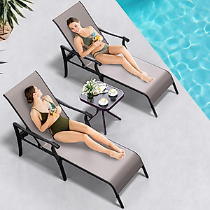 YITAHOME Outdoor Chaise Lounge Chair Set of 3, Patio Lounge Chair with Side Table and 5 Adjustable Positions, Textile Pool Chaise Lounger for Outdoor, Patio, Beach, Yard (Brown)