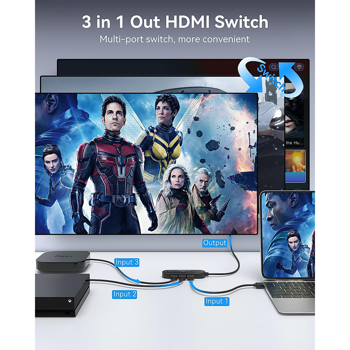 HDMI Switch 4K@60Hz, Vilcome 4K HDMI Splitter 3 in 1 Out, 3 Port Hdmi Switcher Box Supports UHD 3D HDR, Multi Port HDMI Hub Selector for Xbox PS3 4 5 TV Gaming Roku HDTV Fire Stick