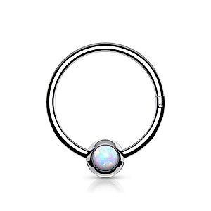 Pierced Owl 18GA Stainless Steel Synthetic Opal Ball Cartilage Helix Daith Septum Hinged Segment Ring (Silver Tone/White, 10mm Diameter)