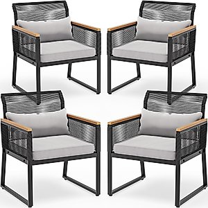 YITAHOME Patio Dining Chairs Set of 4, Outdoor Wicker Furniture Dining Chairs, All-Weather Rattan Conversation Chairs with Wood Armrest and Soft Cushions for Backyard Deck (Black+Light Gray)