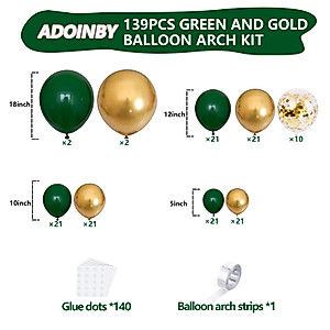 Green and Gold Balloon Arch Kit, ADOINBY 140Pcs Metallic Gold Balloon Emerald Forest Hunter Dark Green Balloon 18 12 10 5 Inch Different Size Balloons for Birthday Anniversary Jungle Party Decorations
