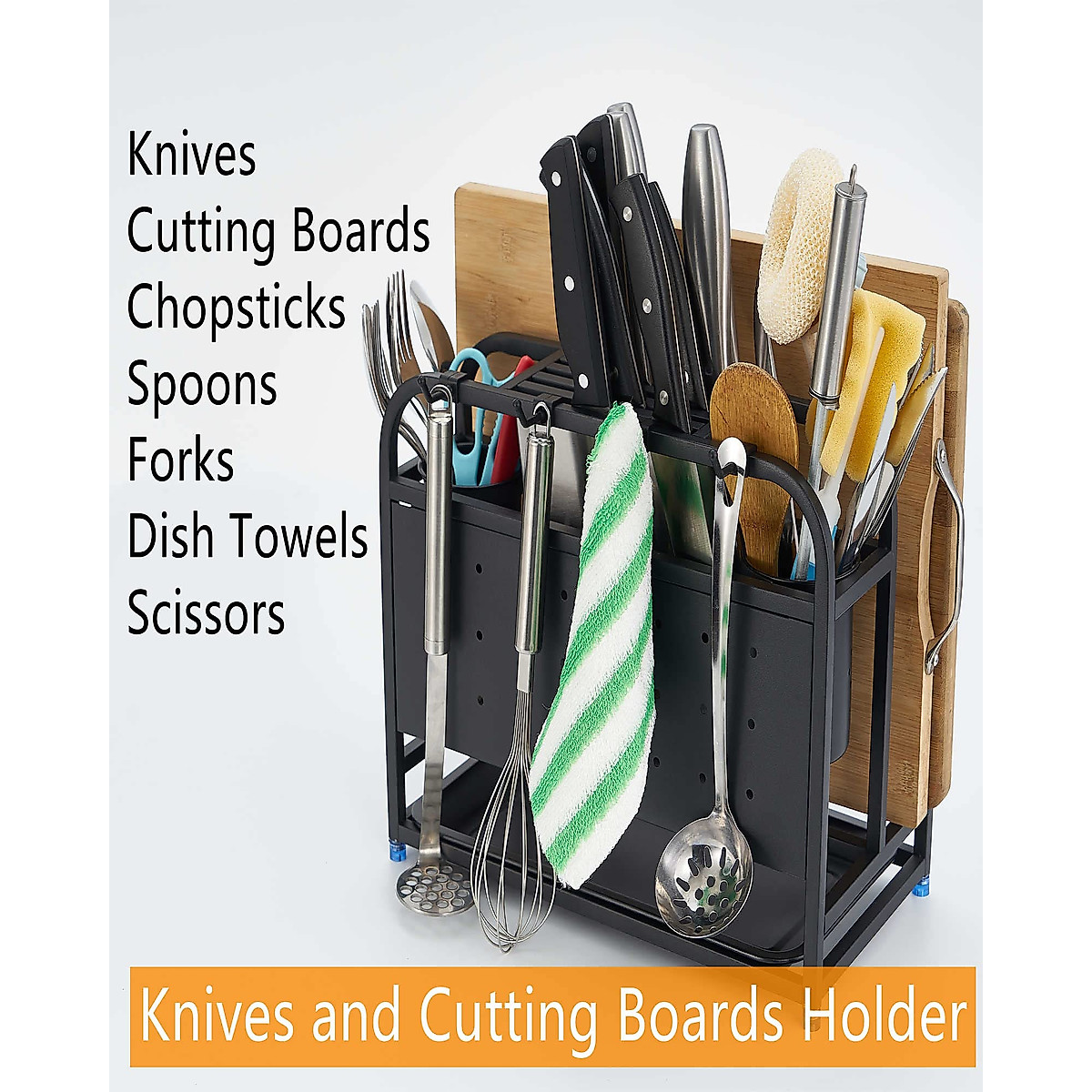 Allvin Knife Holder and Cutting Board Holder,Stainless Steel Material,This Kitchen Utensil Organizer is Perfect for Storing Your Knives, Cutting Boards, Chopsticks, Spoons, and Forks Etc (Black)