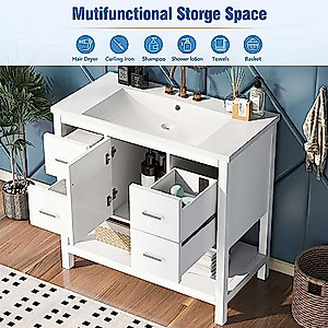 Appot AT-SV000009AAW 36" Bathroom Vanity with USB, Multifunction Bath Room Storage Cabinet with 3 Drawers and 1 Door, Single Resin Sink, SmallBathroom OrganizationCabinet, White