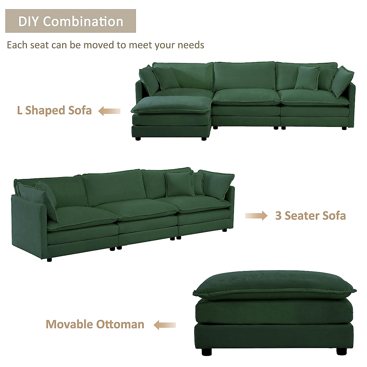 Tmsan 111.42" Modular Sectional Sofa, Green Convertible Modern L Shaped Sofa Chenille Cloud Couches Set with Ottoman for Living Room Bedroom Apartment Office, 3 Seater