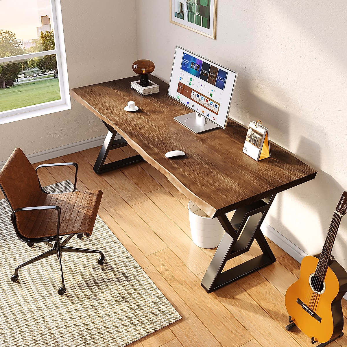 Sihtengxxhongs Rustic Brown 55-inch Solid Wood Computer Desk - Modern Gaming Workbench for Home Office, Modern Simple Design, Ideal for Study, Writing, Dining