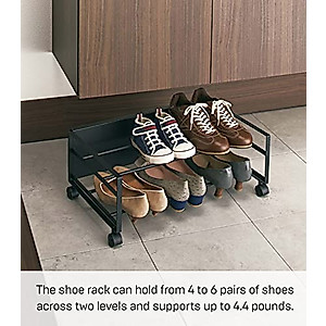 Yamazaki Home Frame Rolling Shoe Rack, Compact Entryway Or Bedroom Metal Shoe Organizer With Wheels, Steel - Holds 4 Shoes, 6 Heels