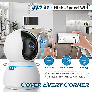 4MP Indoor Camera, 2K Security Camera for Baby Monitor, 360° PTZ Wireless Cameras for Home Security, 5G & 2.4G WiFi Pet Camera with Phone App, Night Vision Motion Detection Siren Works with Alexa