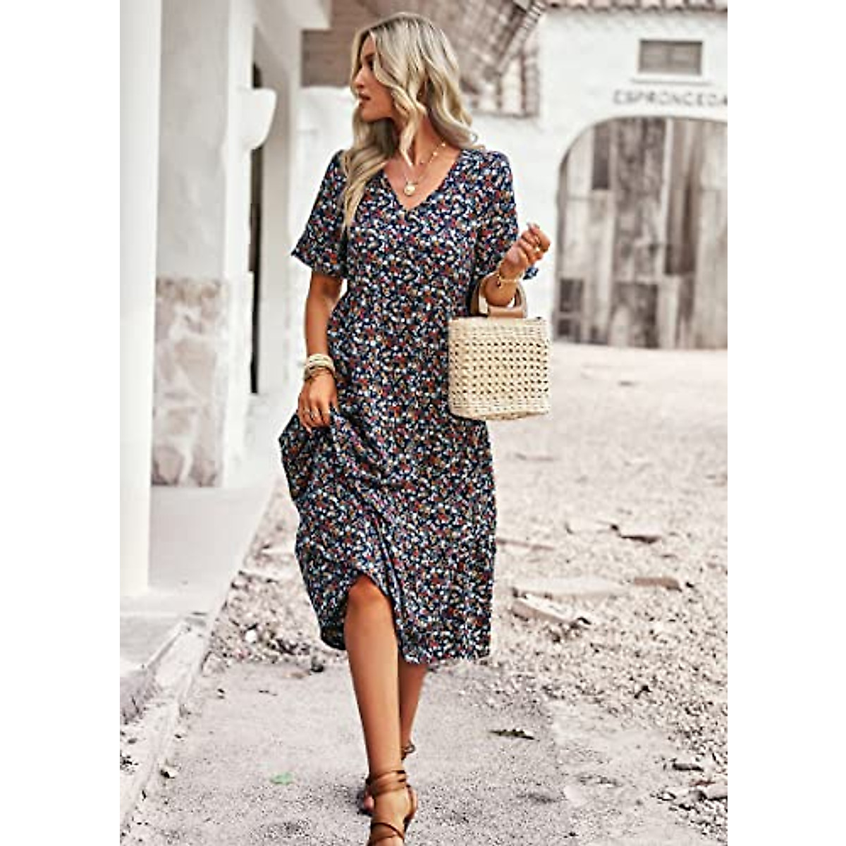 Vaiaye Women Short Sleeve Floral Boho Dress Summer Sundress Casual Wrap V Neck A-Line Bohemian Maxi Dresses Royal Blue