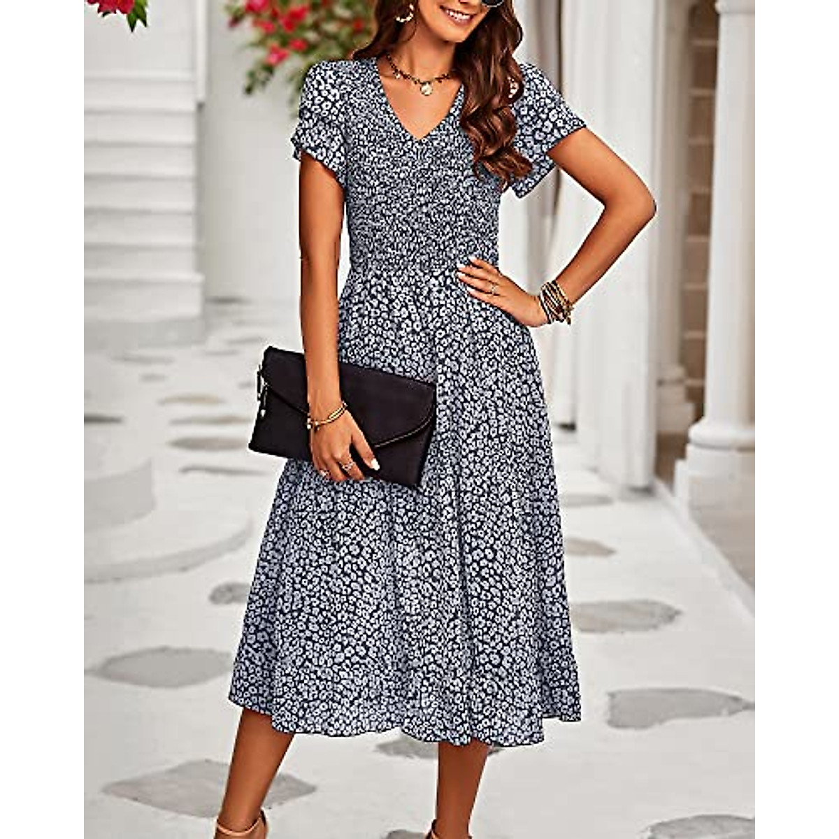 BTFBM Women Casual Summer Short Ruffles Tiered Sleeve Smocked Midi Dresses Bohemian Floral V Neck Wedding Guest Long Dresses（Floral Dark Blue,Large